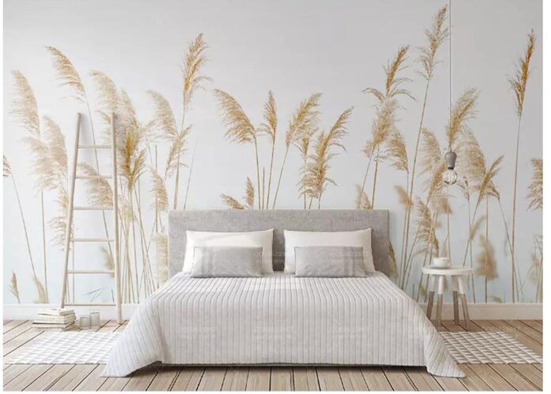 Fresh Handpainted Simple Reed Wallpaper, Autumn Yellow Reed Wall Mural ...