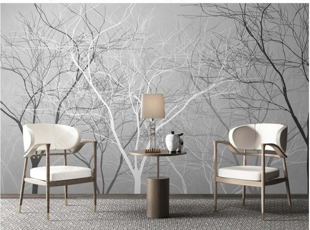 Shabby Trees Forest Grey and White Tree Forest Wallpaper Wall Mural ...