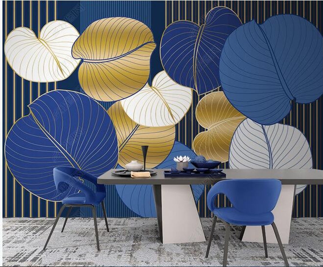 Blue Leaf Wallpaper, Tropical Leaves Wall Murals Wall Decor - Etsy