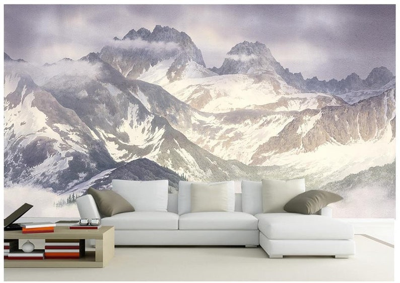 Custom Snow Mountain Scenery Wallpaper Grey Mountais Wall | Etsy