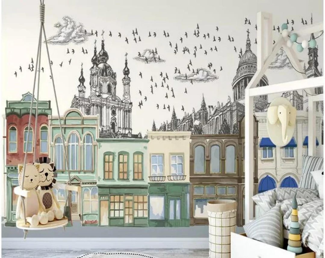 Hand Painted Cartoon Abstract Buildings Wallpaper, Flying Birds and ...