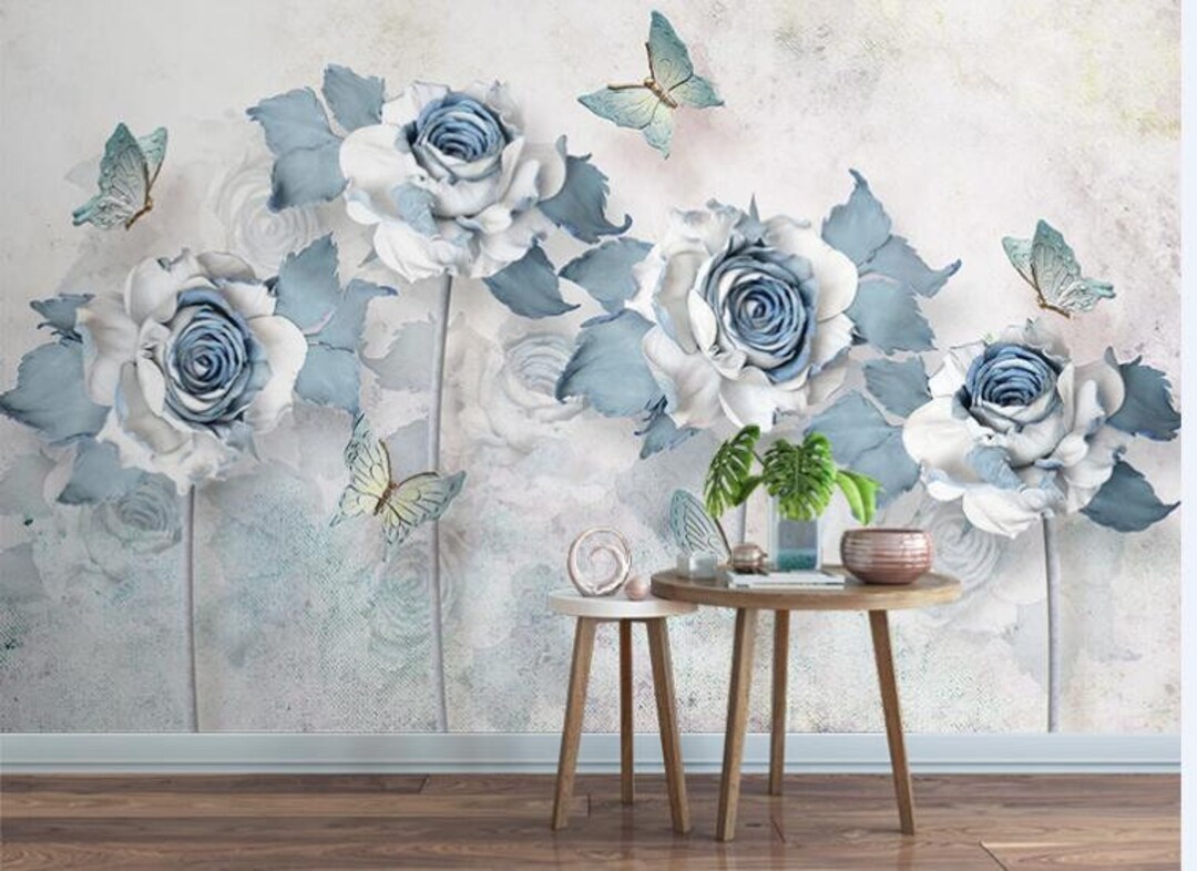 Simple Blue Big Rose Floral Wallpaper, Blush Pink Big Rose and ...