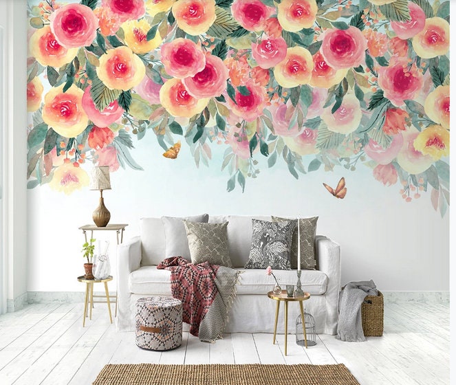 Pink Flower Nursery Wall Wallpaper Hanging Flowers Baby Girls - Etsy