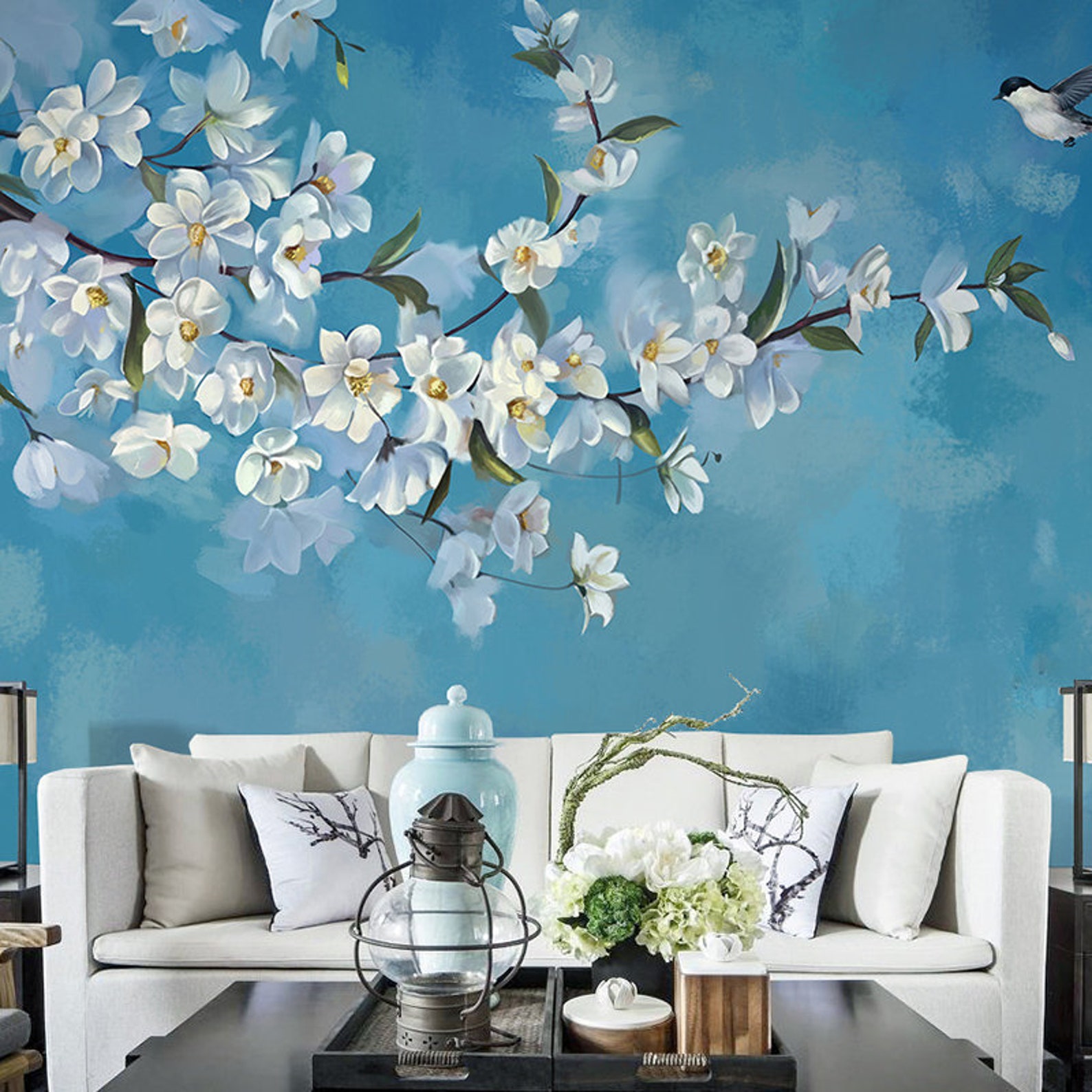Blue Background Lotus Wallpaper Big Flowers Wall Mural Wall Etsy