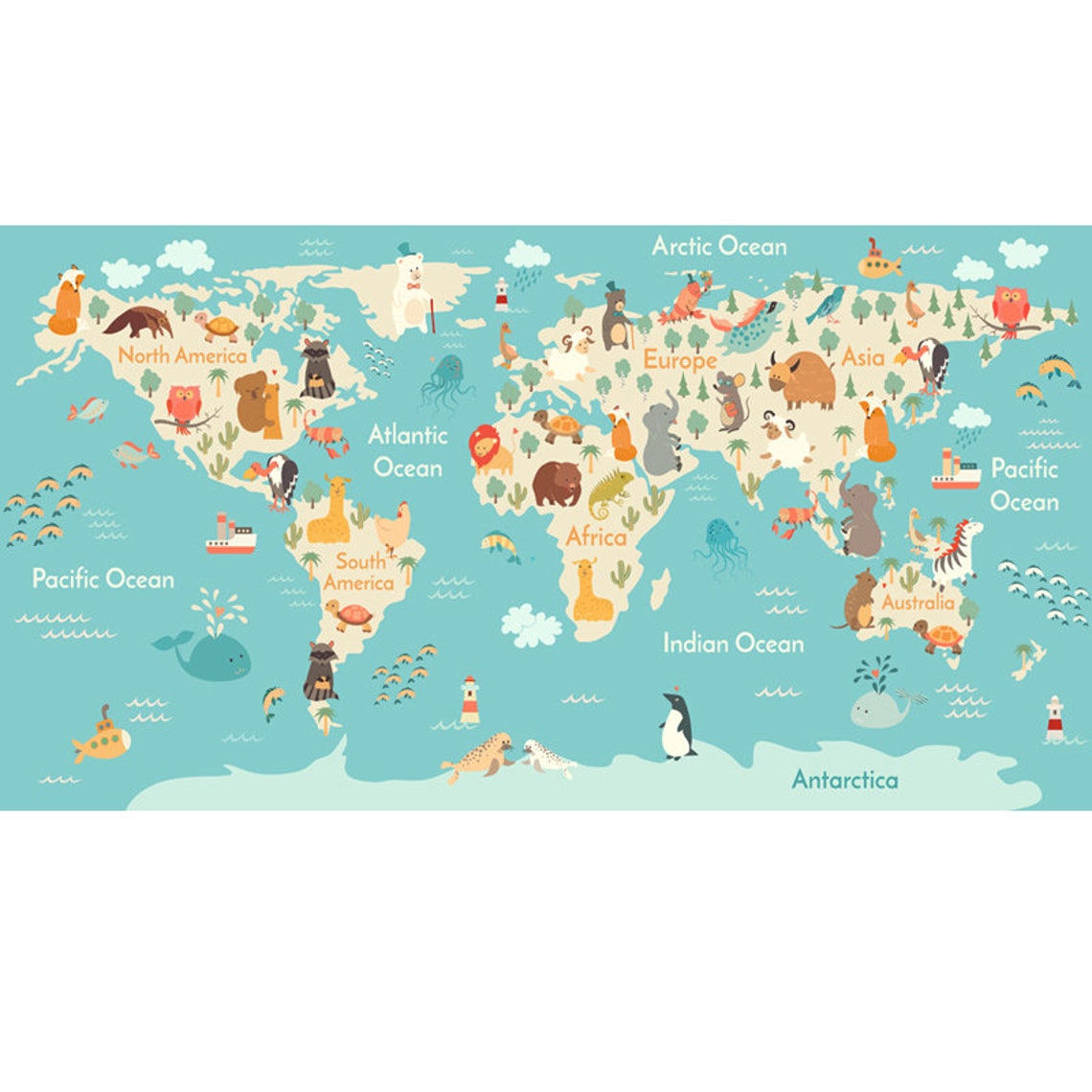 Cartoon World Map Wallpaper Animal Cartoon Map Wall Mural | Etsy