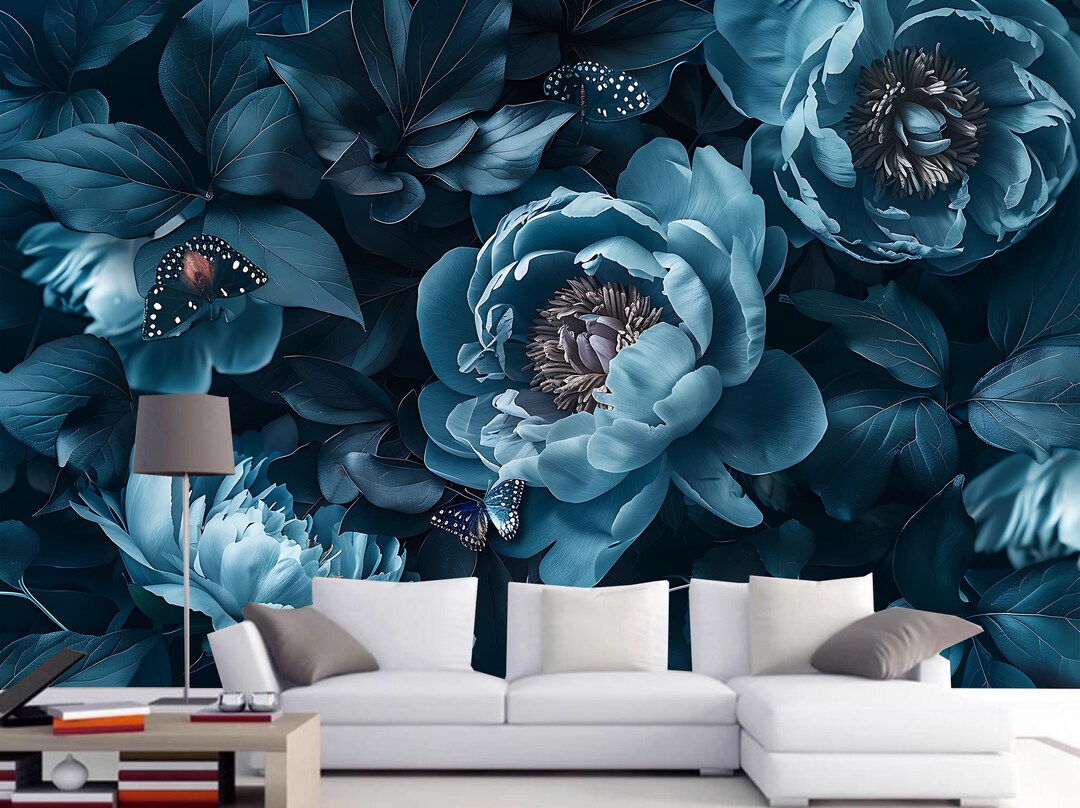 Dark Background Blue Peony Flowers Floral Wallpaper Wall Mural Home ...
