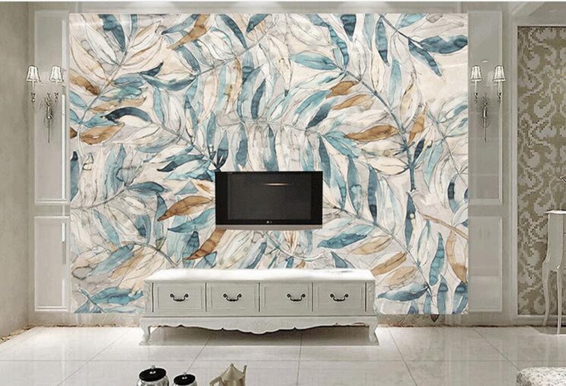 Hand Painted Vintage Big Leave Wallpaper Colorful Leaves Wall - Etsy