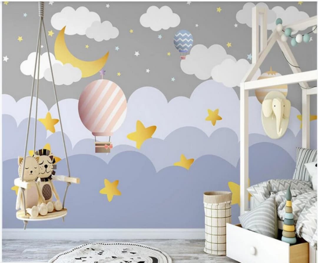 Hot Air Balloon Nursery Wallpaper: Stars & Moon Kids Room Mural (peel ...