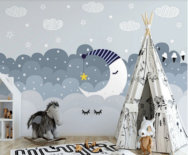 Cartoon Blue Mountains With Clouds Nursery Wallpaper Lovely | Etsy