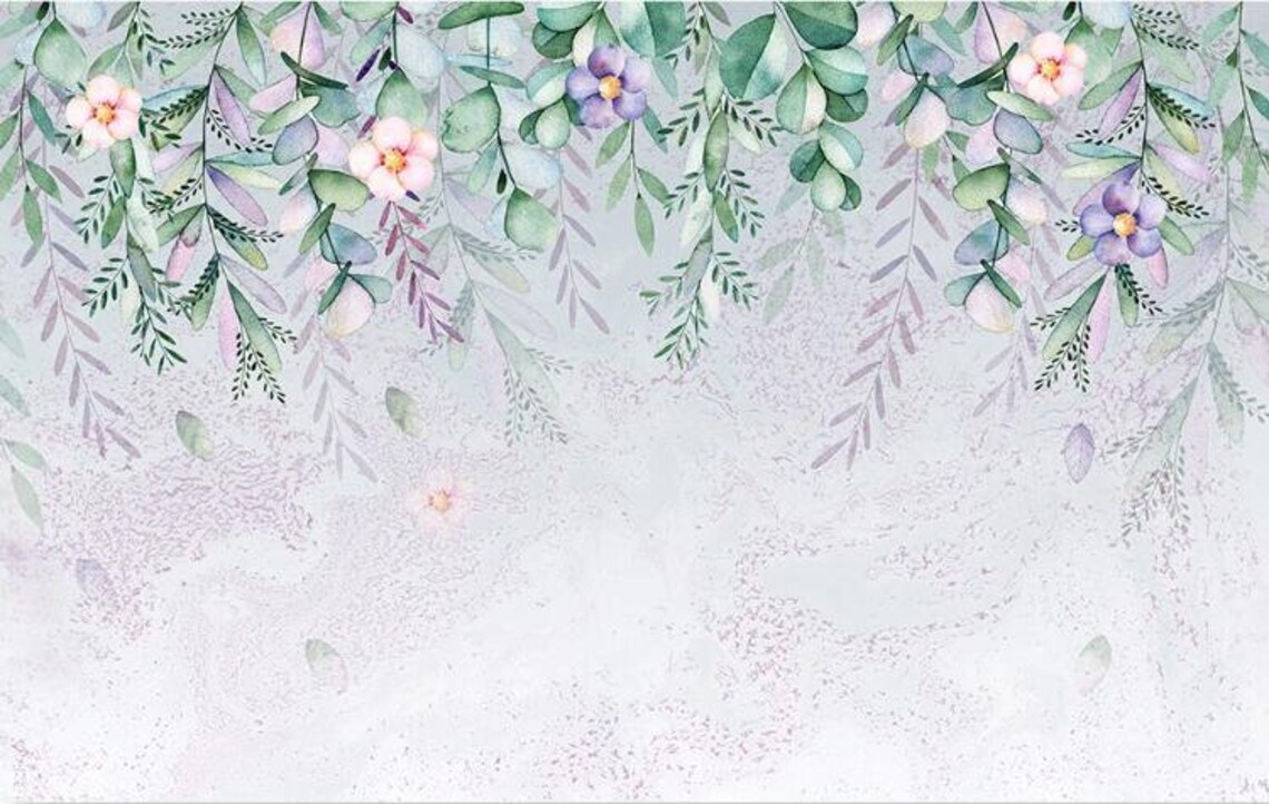 Custom Wallpaper Plant Watercolor Leaves Flowers TV Background | Etsy