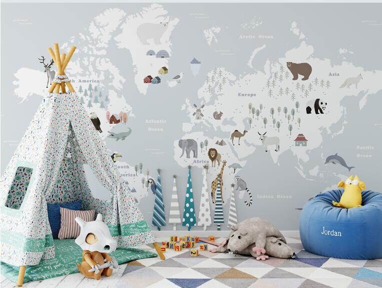 Cartoon World Map Wallpaper Animals Giraffe Cartoon Map Wall | Etsy Canada