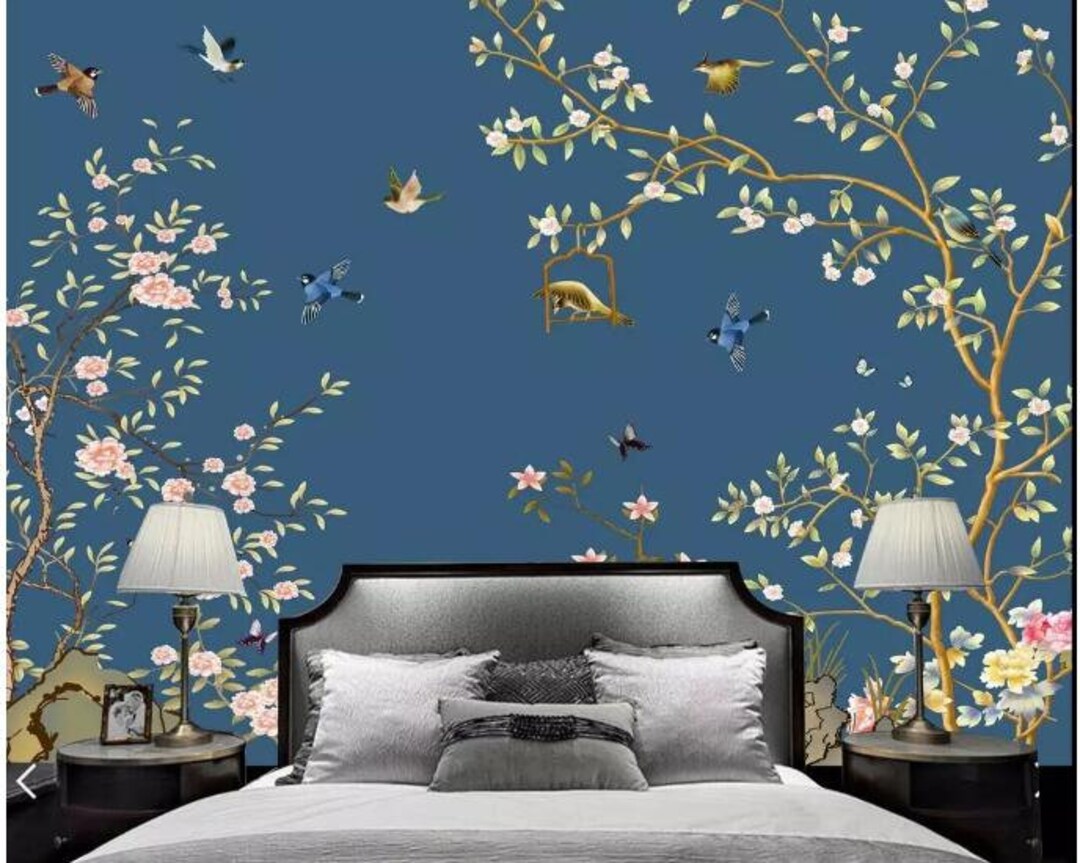 Hand Painted Vine Flower Tree Wallpaper Wall Murals, Vine Flowers Birds ...