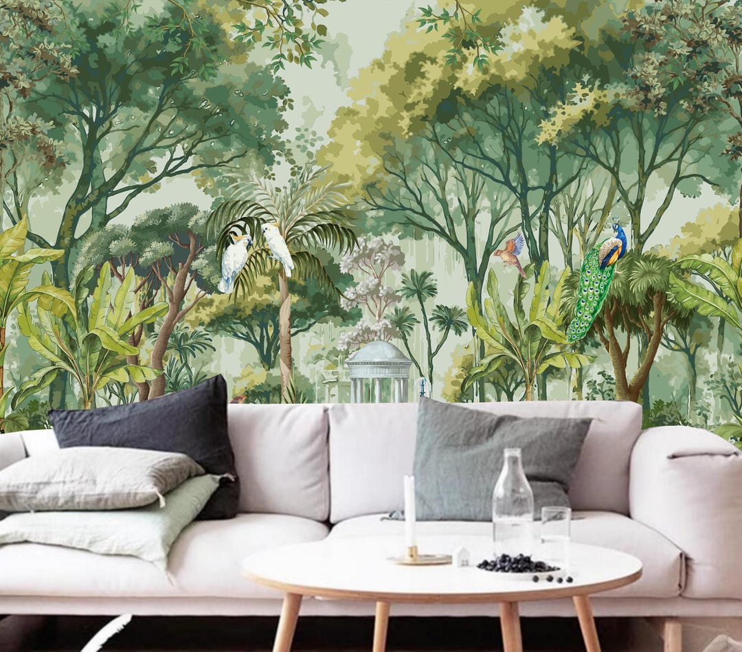 Tropical Rainforest Plants and Trees With Peacock and Birds Jungle ...