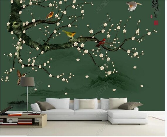 Dark Green Background Hanging Plum Tree Wallpaper Flying - Etsy