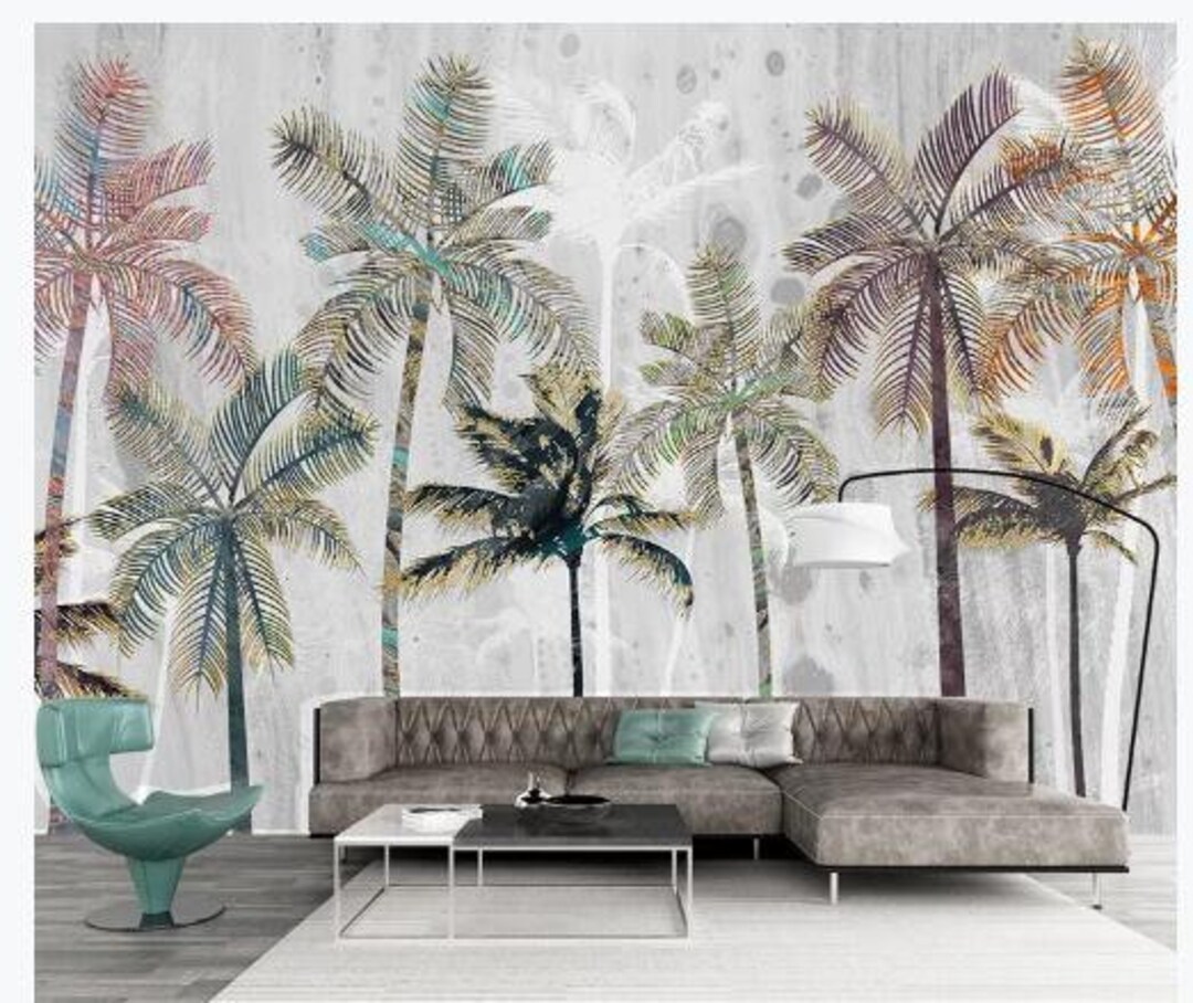 Tropical Coconut Palm Forest Wallpaper Mural, Handpainted Tropical ...