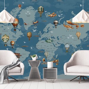 Cartoon World Map Wallpaper, Animals Cartoon Map Wall Mural, Hot-air ...