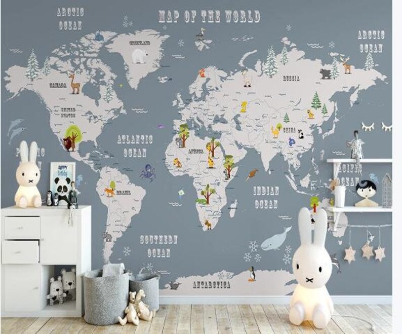 Cartoon World Map Wallpaper Animal Cartoon Map Wall Mural - Etsy UK