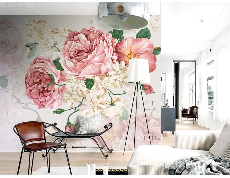 American Style Watercolor Floral Wall Wallpaper Big Flowers | Etsy