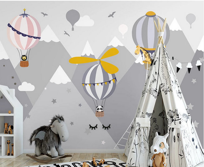 Cartoon Triangle Mountains With Hot-air Balloon Nursery | Etsy