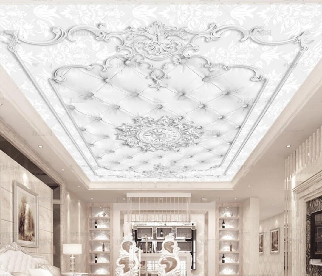 European Silver Plaster Ceiling Wallpaper Wall Mural Hotel Restaurant ...