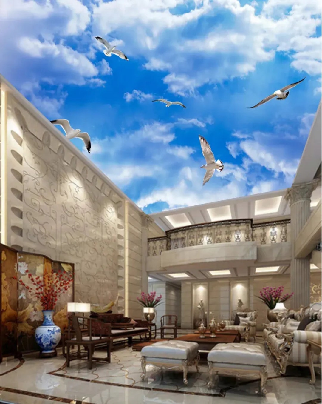 Blue Sky White Clouds Ceiling Wallpaper Wall Mural Hotel Restaurant ...