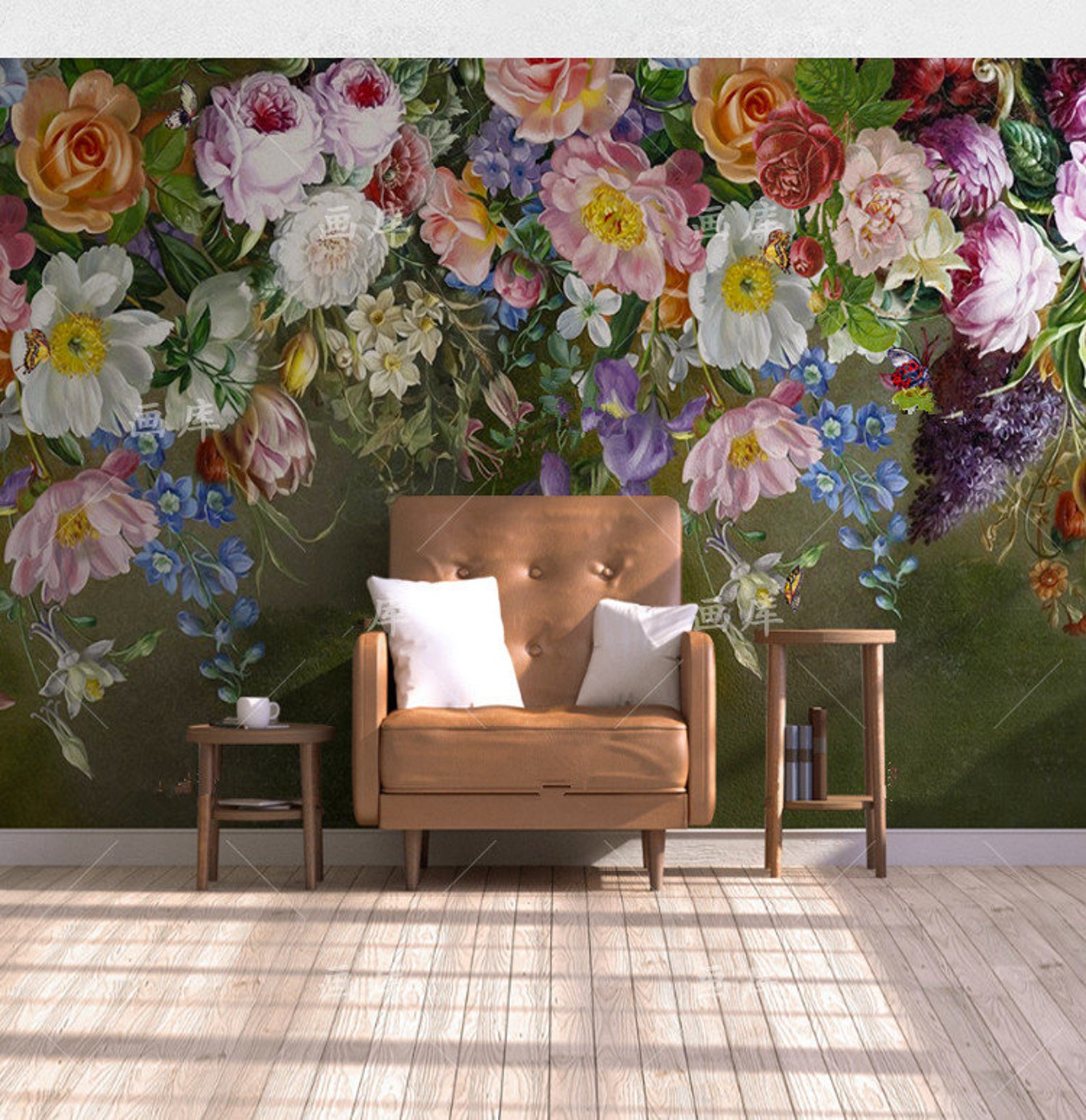 Vintage Colorful Floral Wallpaper Big Flowers Dark Background - Etsy