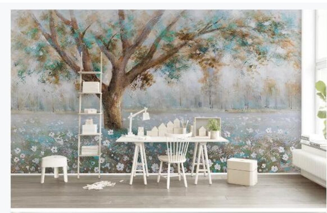 Oil Painting Hugh Tree Wallpaper Abstrat White Small Flowers - Etsy