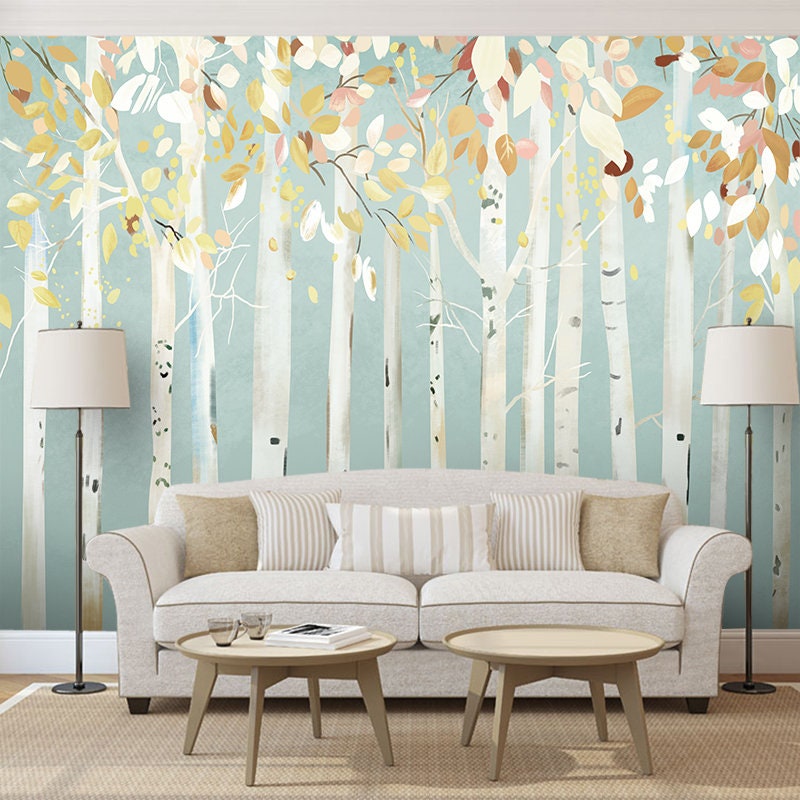 Oil Painting Huge Trees Forest Birch Forest Wallpaper Wall - Etsy