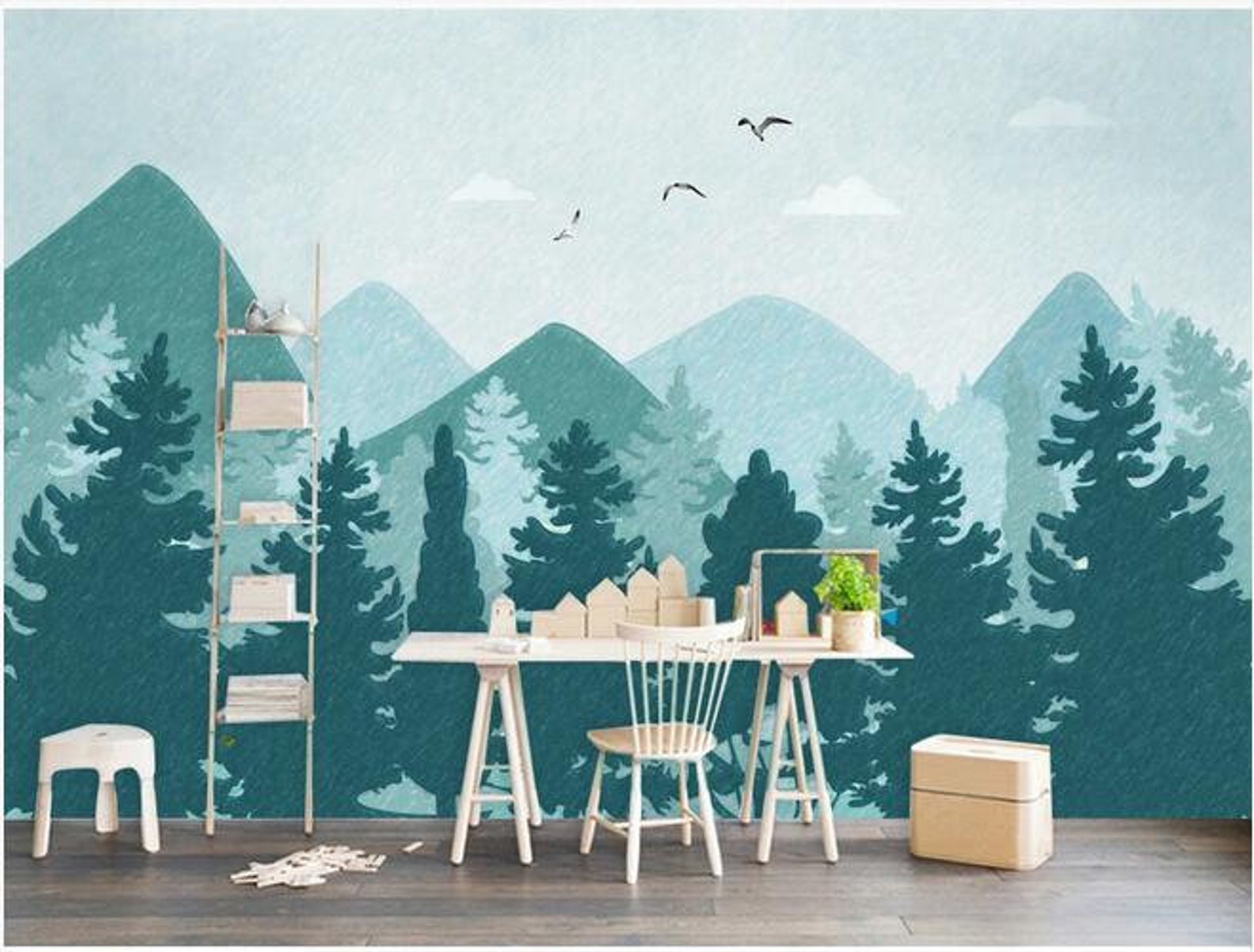 Watercolor Geometric Mountains Trees Forest Wallpaper Modern - Etsy