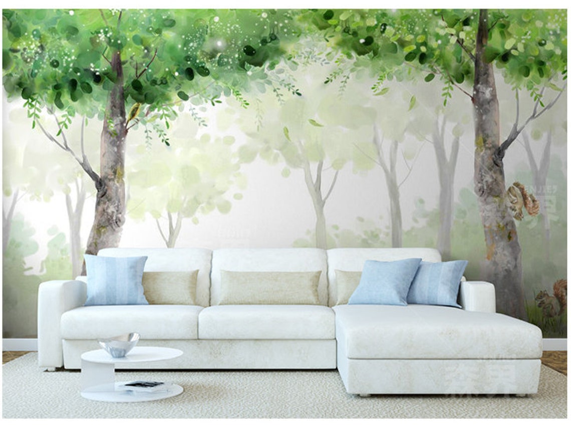 Northern European Simple Green Trees Wallpaper Nature Wall - Etsy