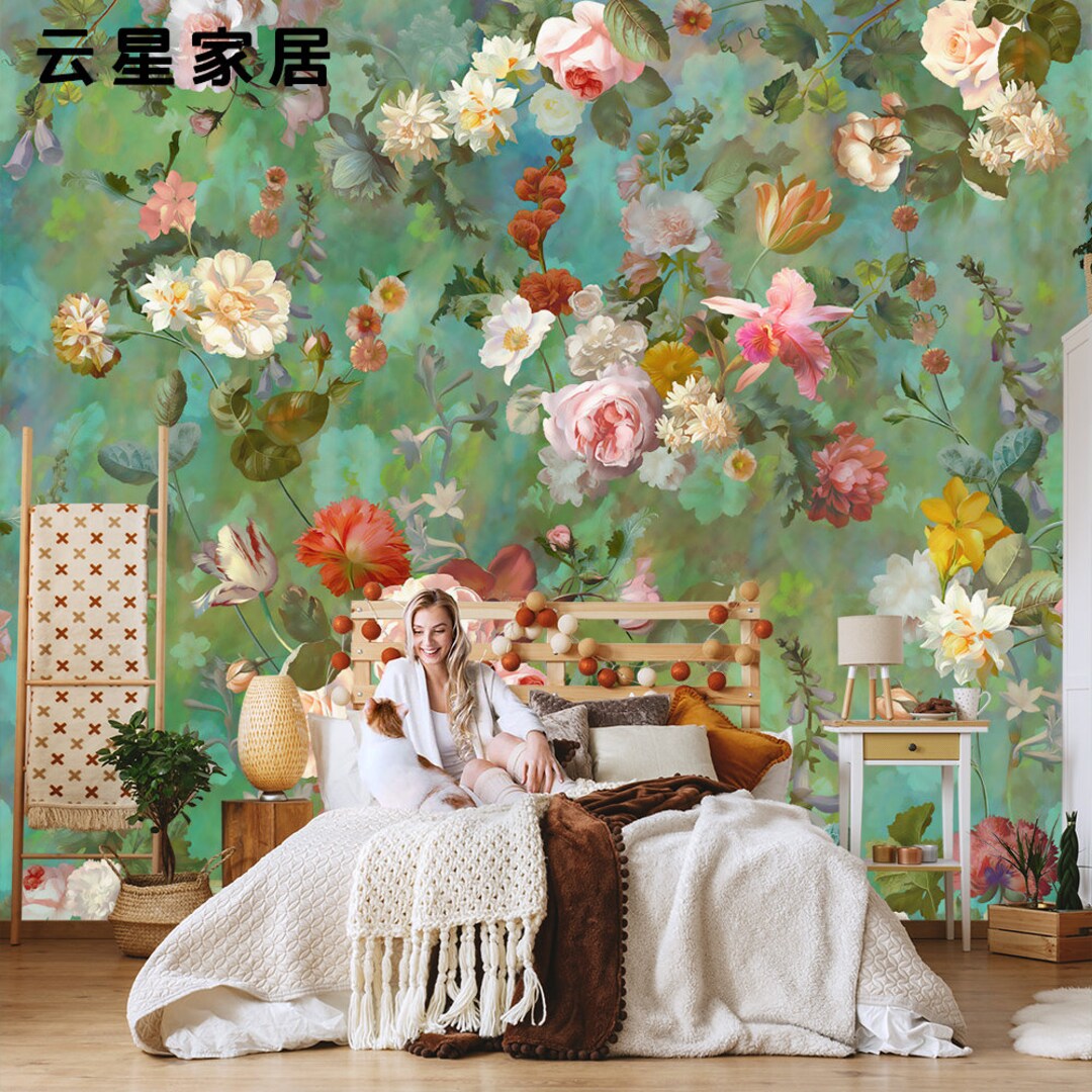 American Style Green Background Flowers Floral Wallpaper - Etsy