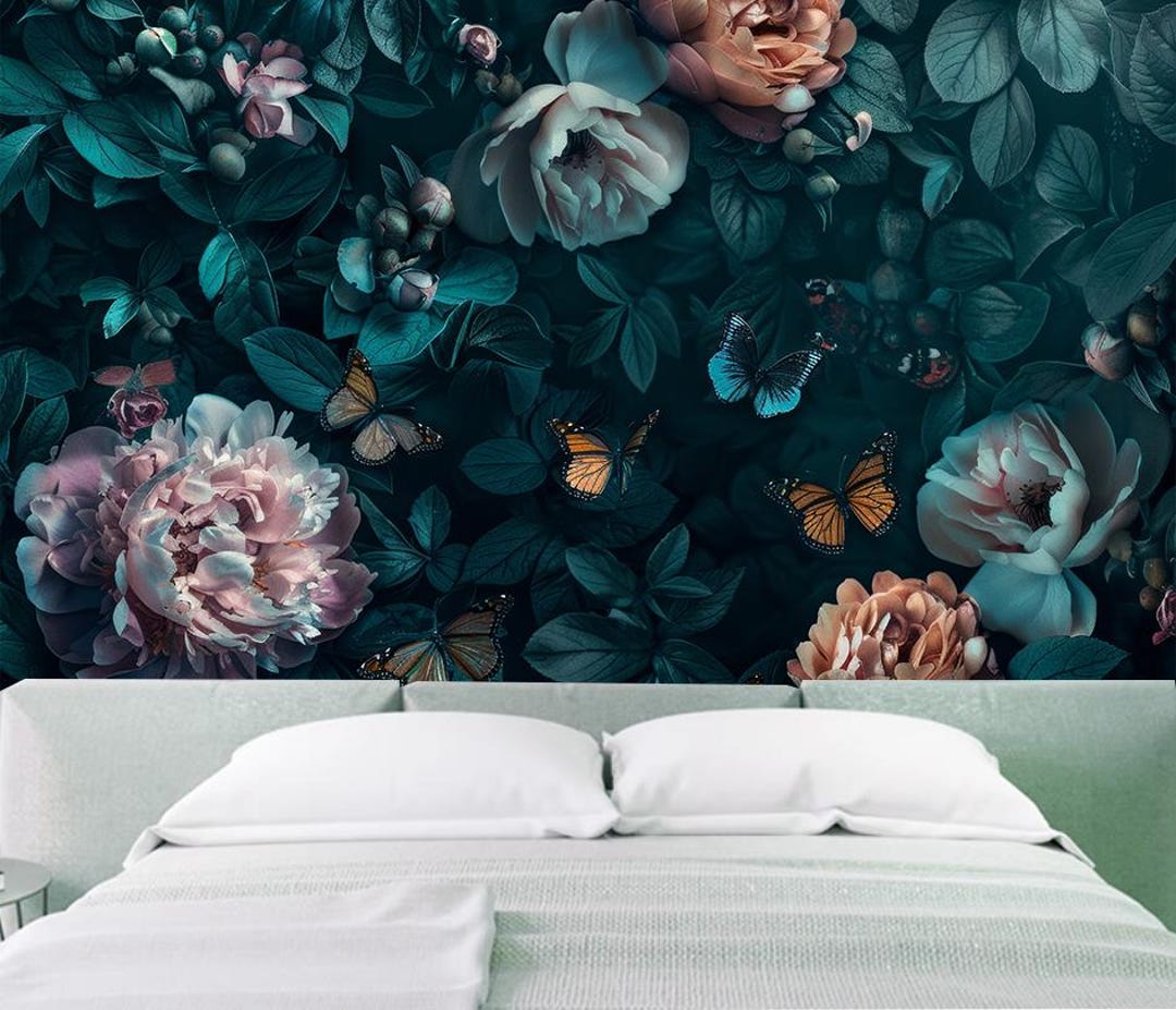 Dark Background Green Peony Flowers Floral Wallpaper Wall Mural Home ...