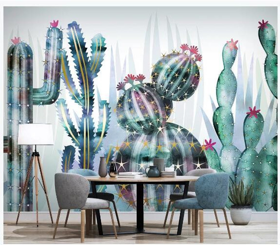 Watercolor Hand Painted Cactus Tropical Plants Wallpaper Wall Mural ...