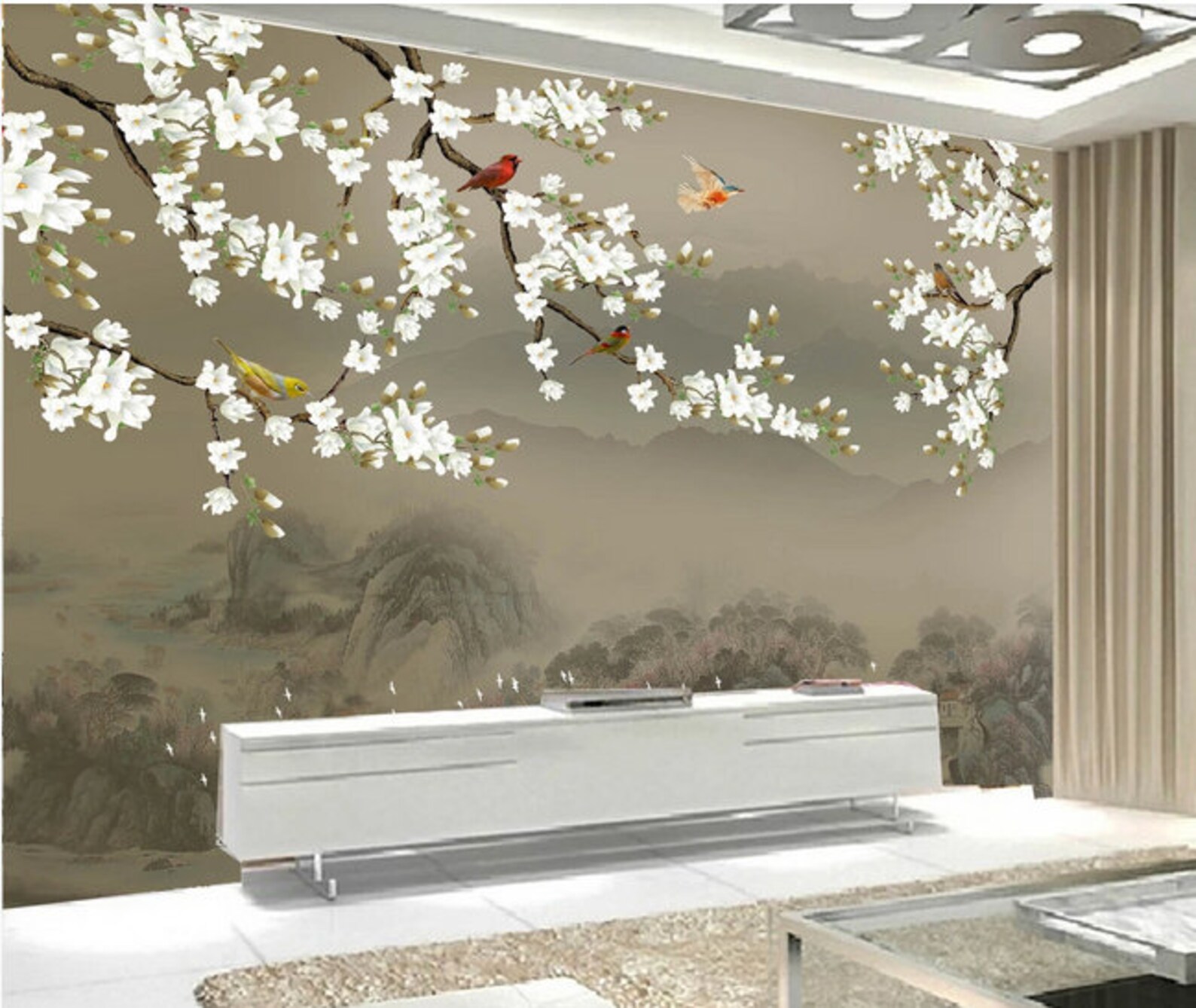 Custom Mural Wallpaper Magnolia Flowers Bird Wall Painting | Etsy