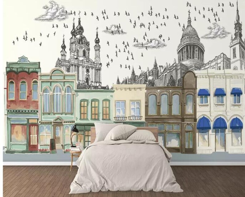 Hand Painted Cartoon Abstract Buildings Wallpaper Flying - Etsy