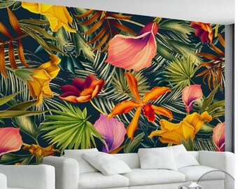 Custom Wall Mural Tropical Rainforest Plant Flowers Banana Leaves Backdrop Painted Living Room Bedroom Large Mural Wall Paper Etsy