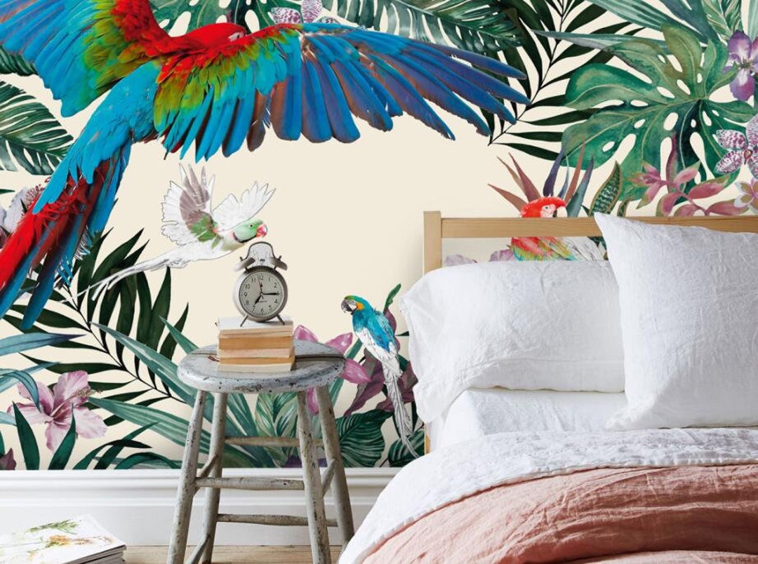 New Custom Wallpaper Natural Art Tropical Rain Forest Plant Parrot ...