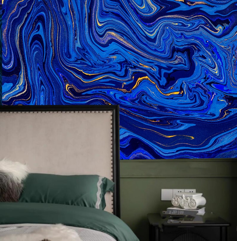 Mural de papel pintado de mármol azul rey: textura abstracta, despegar ...