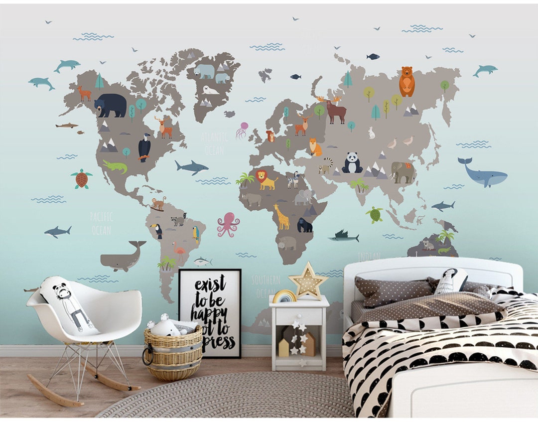 Cartoon World Map Wallpaper, Animals Cartoon Map Wall Mural, Cartoon ...