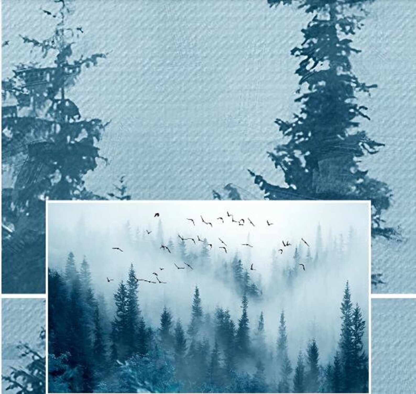 Watercolor Foggy Trees Forest Wallpaper Flying Birds Wall | Etsy
