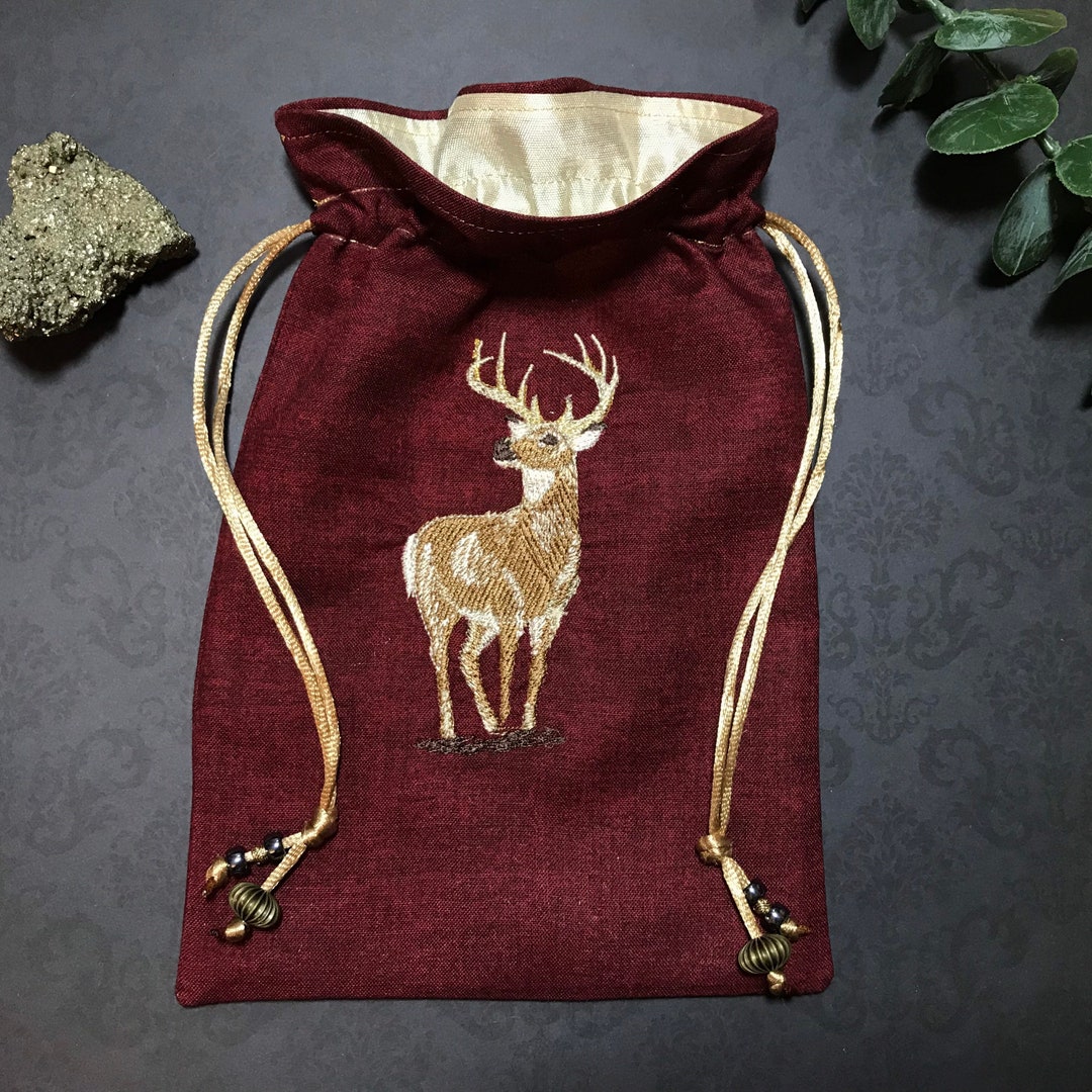 Embroidered Stag Red Drawstring Bag, Handmade, Silk Lined - Etsy