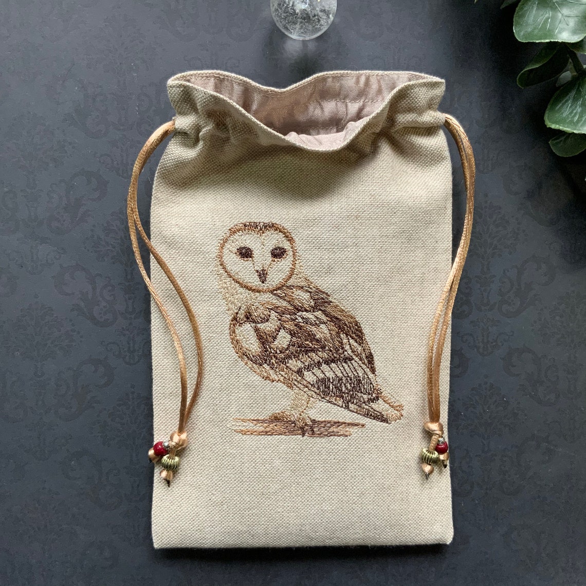Embroidered Natural Barn Owl Drawstring Bag Handmade Silk | Etsy