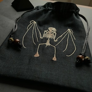Embroidered Bat Skeleton Drawstring Bag, Handmade, Silk Lined - Etsy