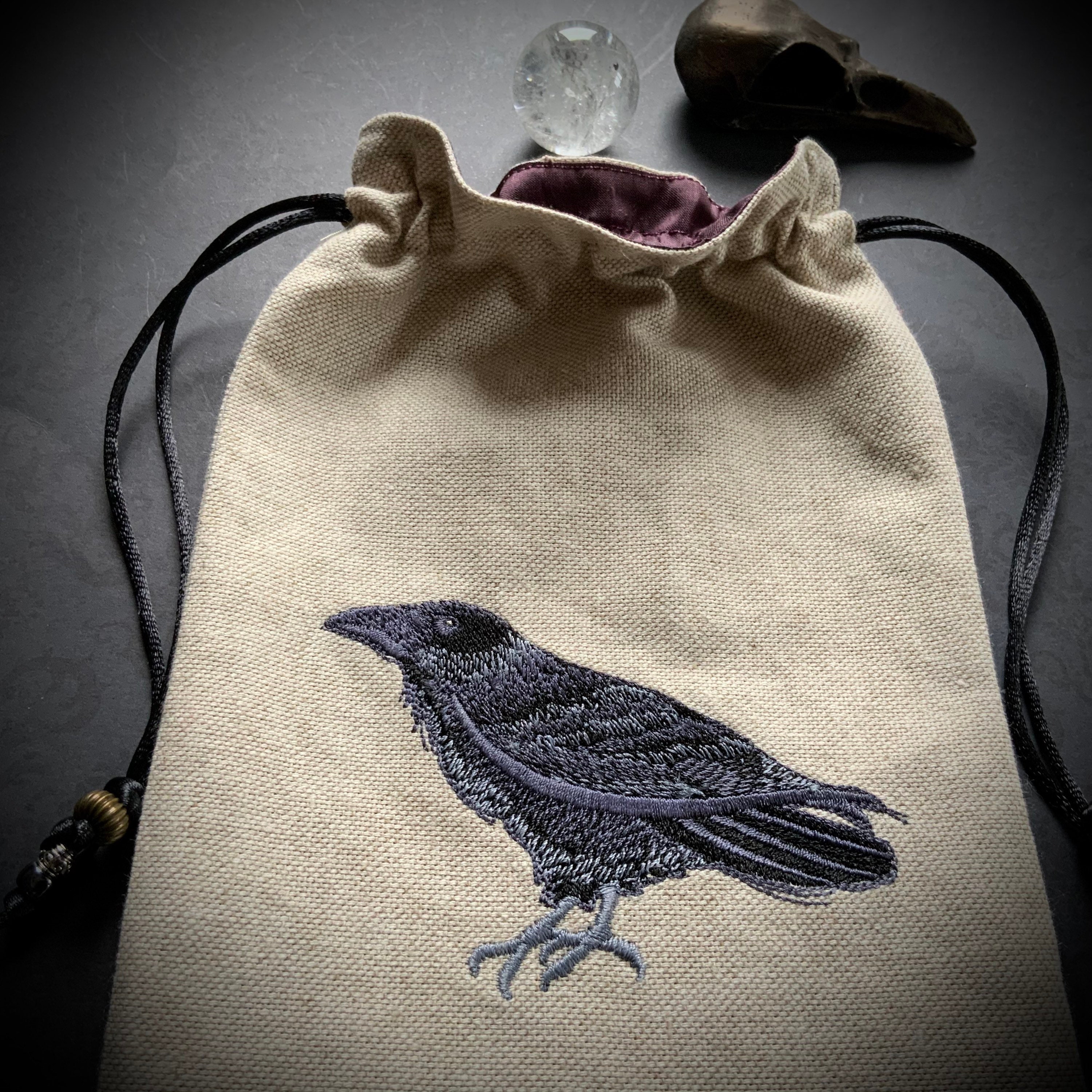 Embroidered Natural Raven Drawstring Bag Handmade Silk Lined - Etsy