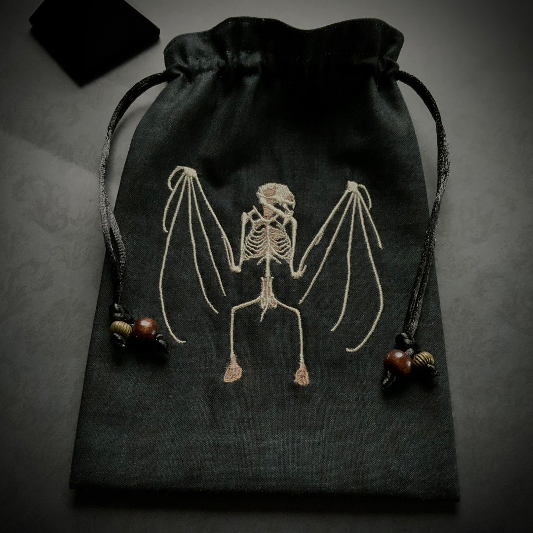 Embroidered Bat Skeleton Drawstring Bag, Handmade, Silk Lined - Etsy