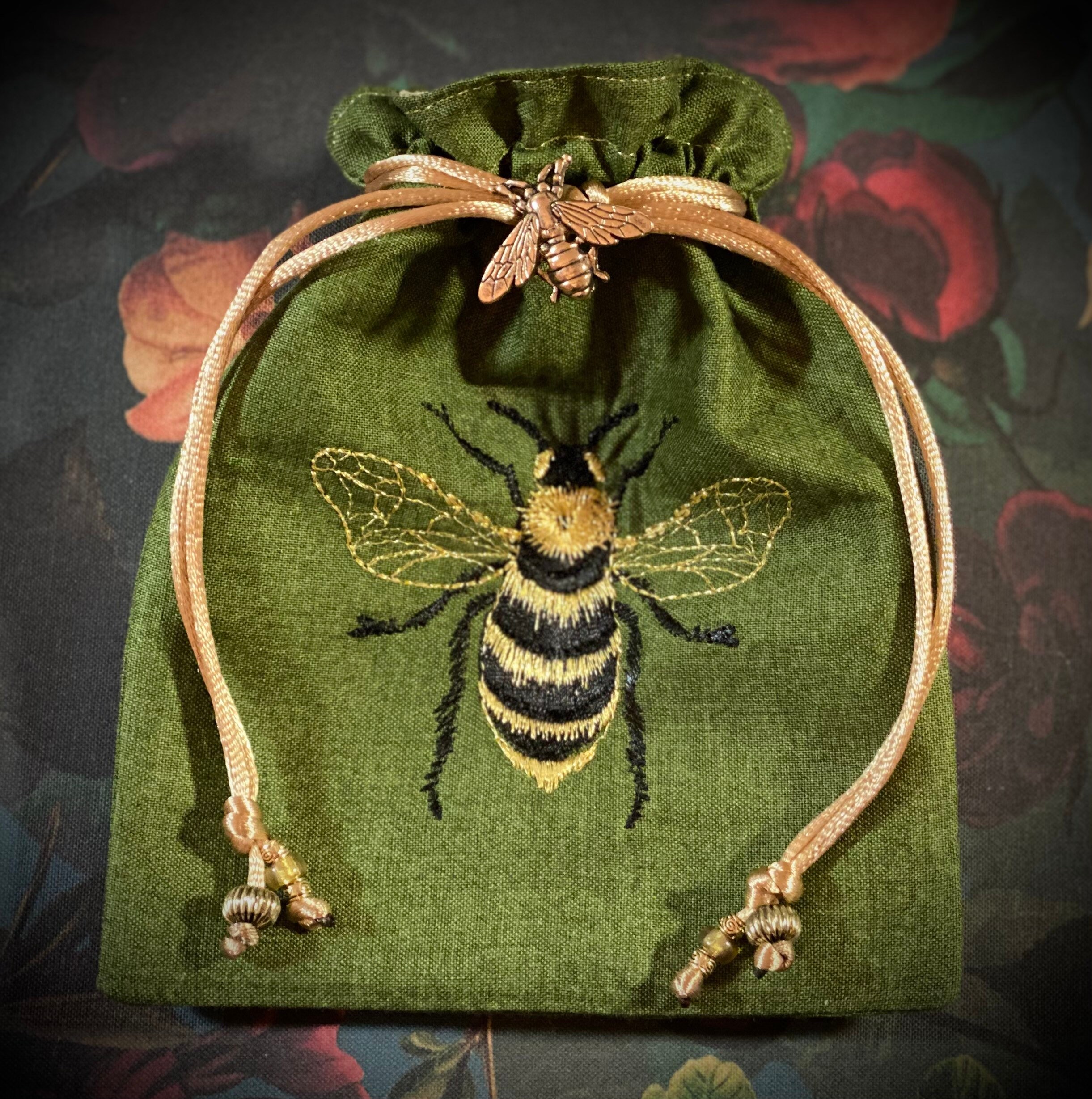 Embroidered Black and Gold Bee Drawstring Bag Handmade Silk | Etsy