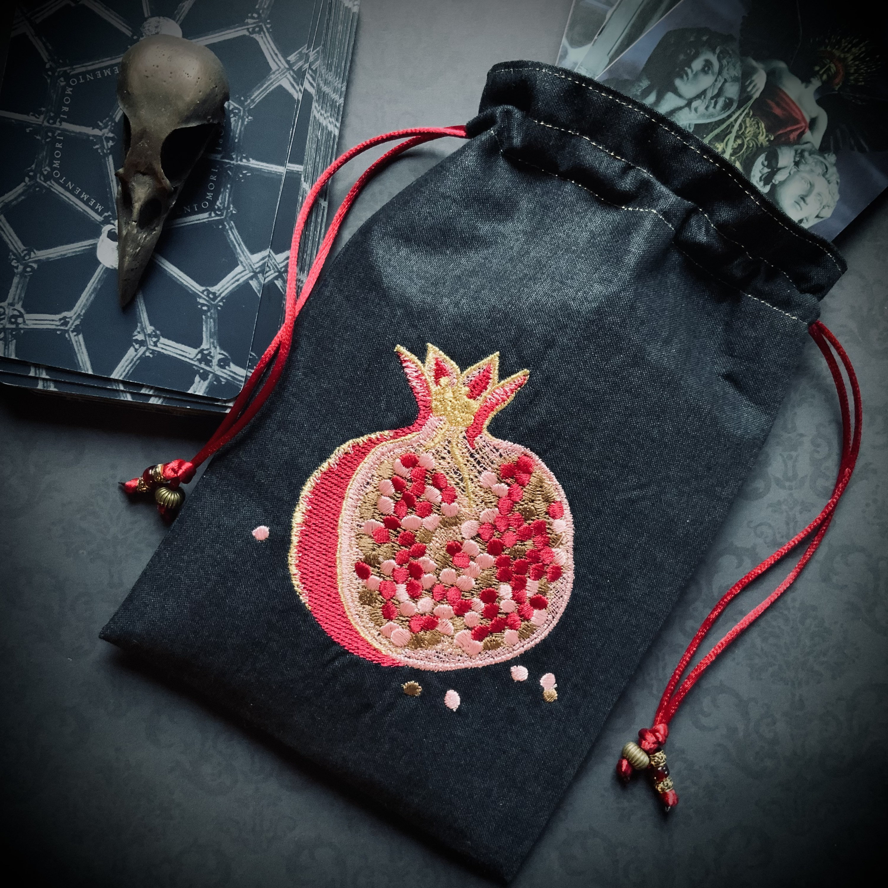 Embroidered Pomegranate Drawstring Bag, Handmade, Silk Lined - Etsy