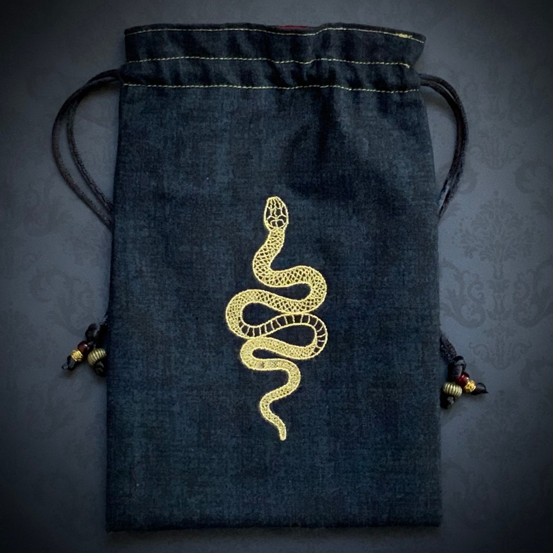 Embroidered Gold Snake on Black Drawstring Bag, Handmade, Silk Lined - Etsy