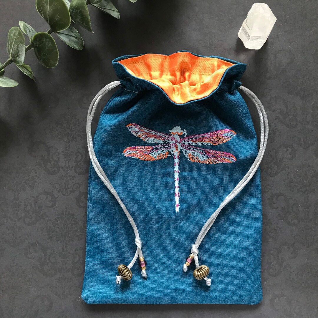 Embroidered Dragonfly Drawstring Bag, Handmade, Silk Lined - Etsy