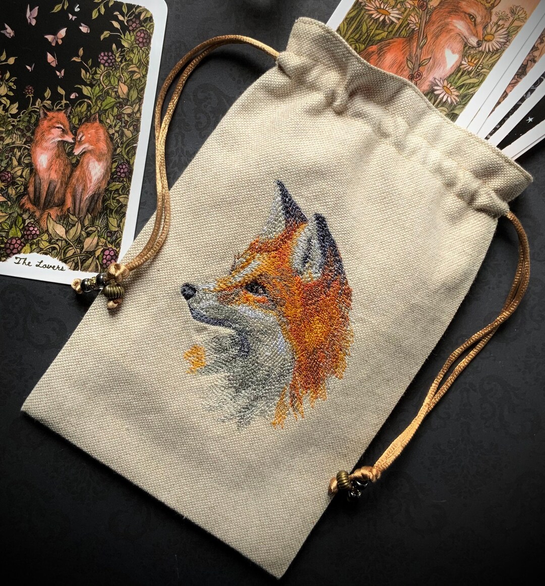 Embroidered Natural, Fox, Drawstring Bag, Handmade, Silk Lined - Etsy